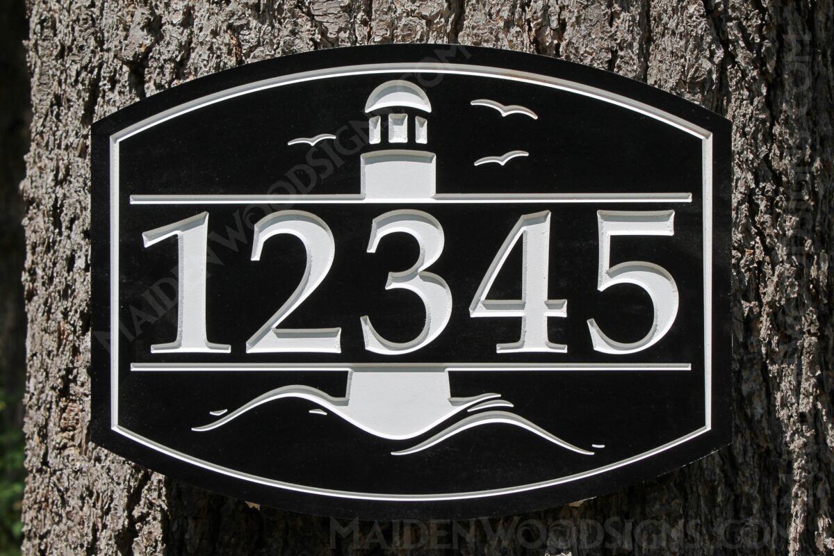 Personalized Lighthouse Address Sign weatherproof carved and painted